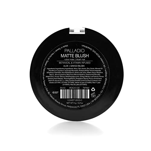 Palladio Matte Blush, Brushes onto Cheeks Smoothly, Soft Matte Look and Even Finish, Flawless Velvety Coverage, Effortless Blending Makeup, Flatters the Face, Convenient Compact, Peach Ice