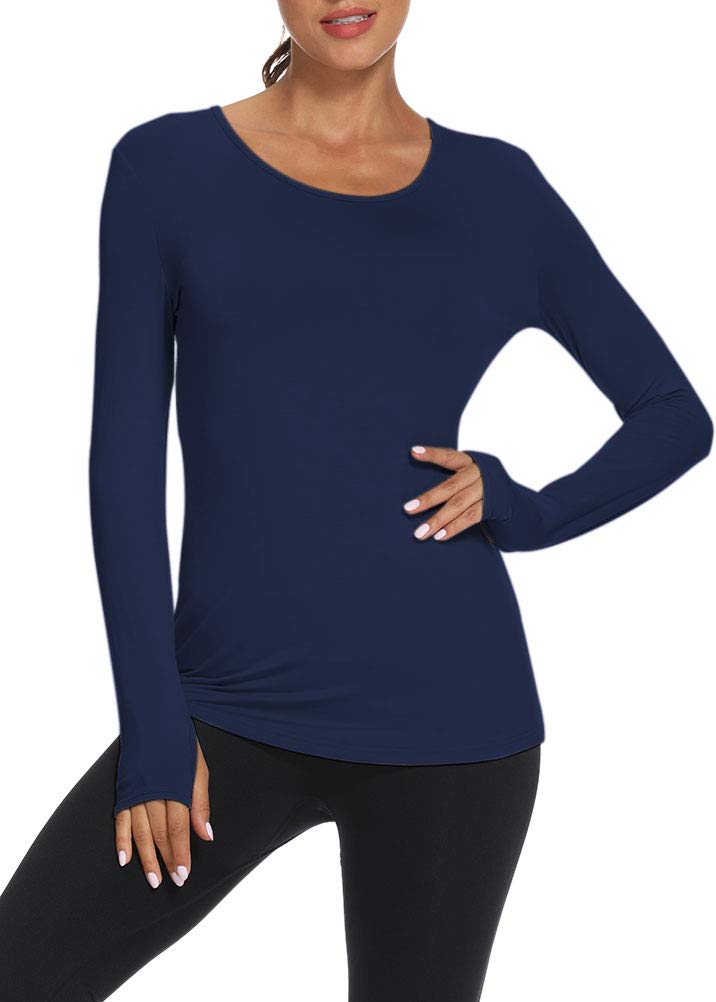 Mippo Womens Workout Athletic Yoga Long Sleeve Shirts Cute Work Out Gym Pilates Clothes Soft Lightweight Long Tunic Tops with Thumb Holes Navy Blue XL