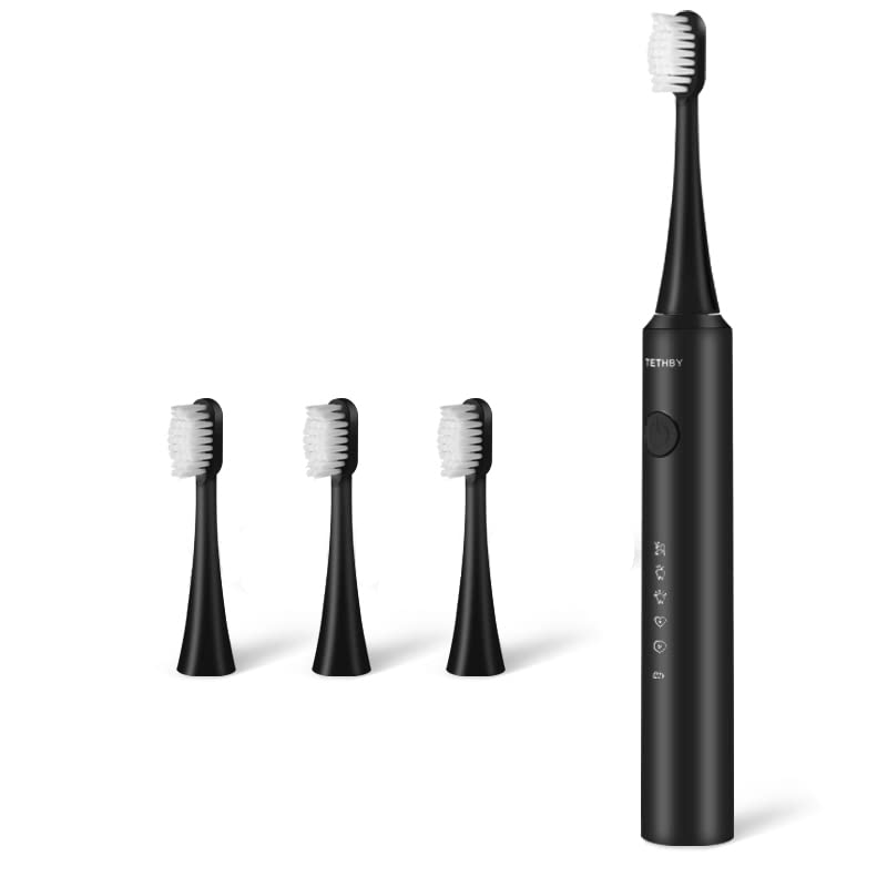 TETHBY Electric Toothbrush with 4 Toothbrush Heads,Sonic Rechargeable Toothbrushes 5 Optional Modes,IPX7 Whitening Electric Tooth Brushes 4 Hours Charge for 30 Days,Tooth Brushes 2-Minute Timer, Black