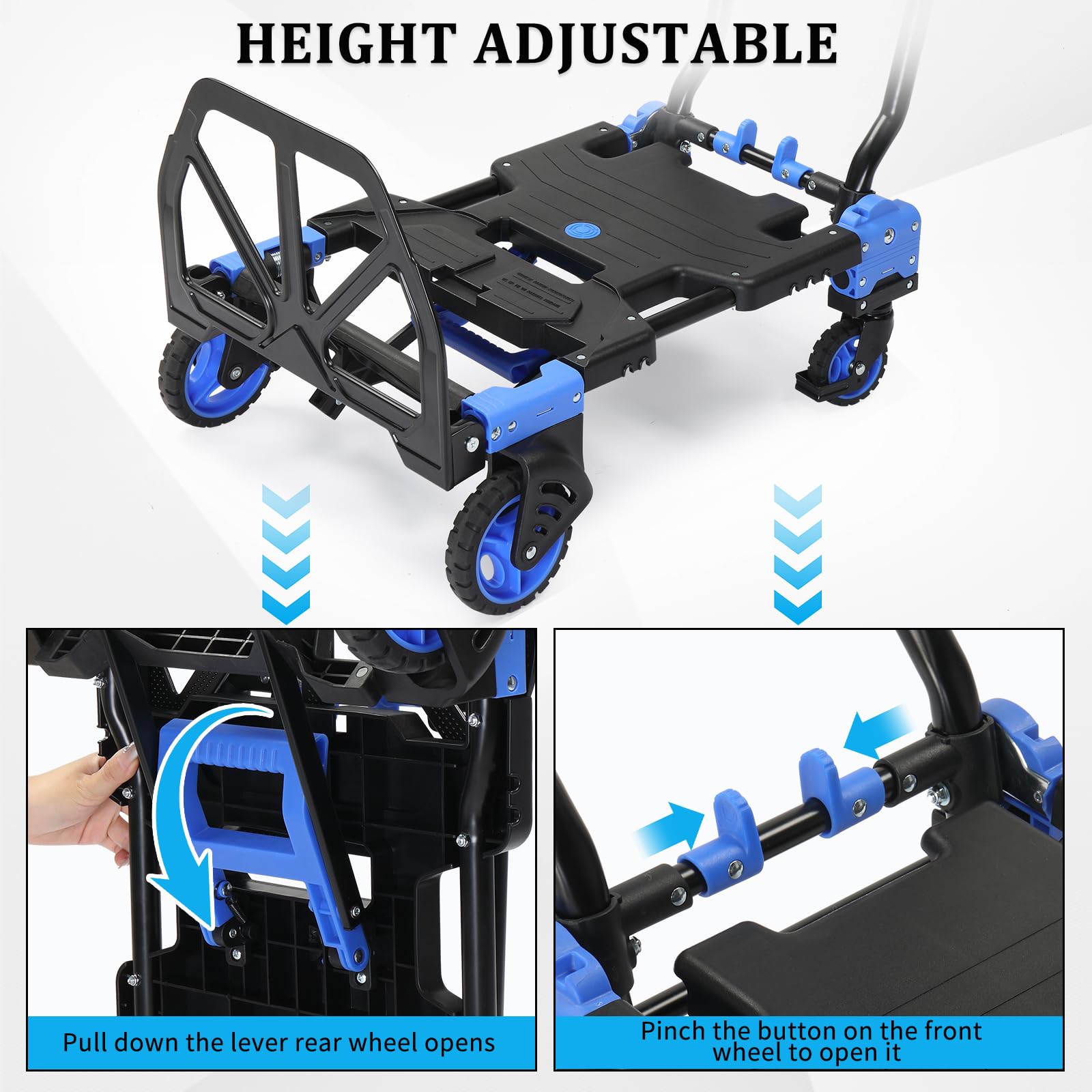 Winado 2-in-1 Folding Hand Truck, 330lbs Foldable Hand Truck Dolly, Height Adjustable Portable Dolly Cart with Wheels & Retractable Handle for Transportation, Shopping, Office, Home use - Blue