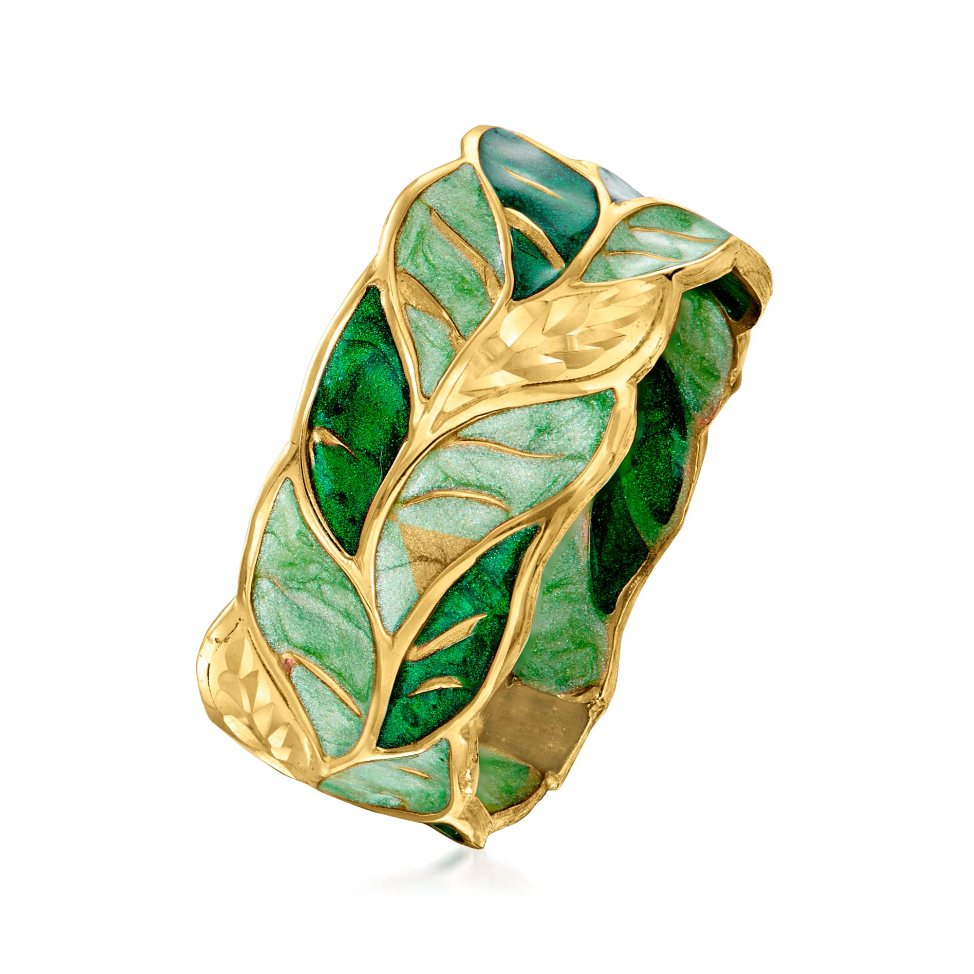 Ross-Simons Italian Green Enamel Leaf Ring in 14kt Yellow Gold. Size 8