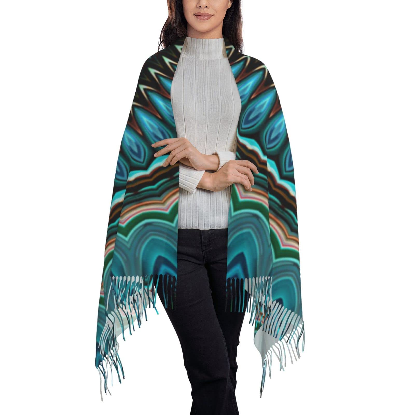Soft Cashmere Feel Scarf Winter Warm Scarves Large Pashmina Shawl Wraps Gifts, Turquoise Teal Green Round