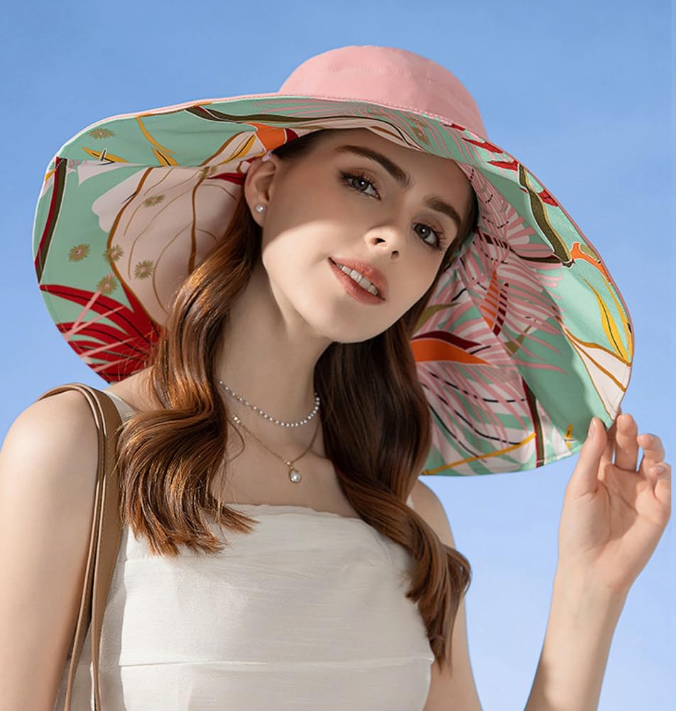 Super Wide Brim Sun Hat for Women Packable Reversible Double-Side-Wear Hats UV Protection Summer Beach Bucket Cap Black