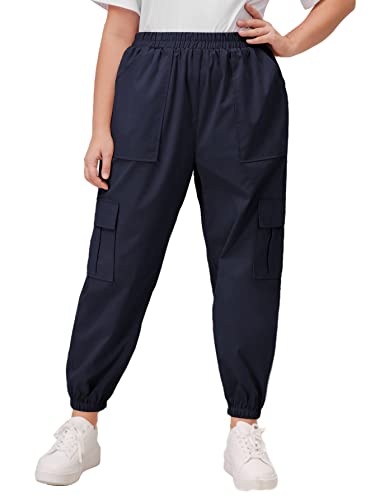 SweatyRocks Women's Plus Size Elastic Waist Pants Running Jogger Sweatpants with Pockets Dark Blue 5XL
