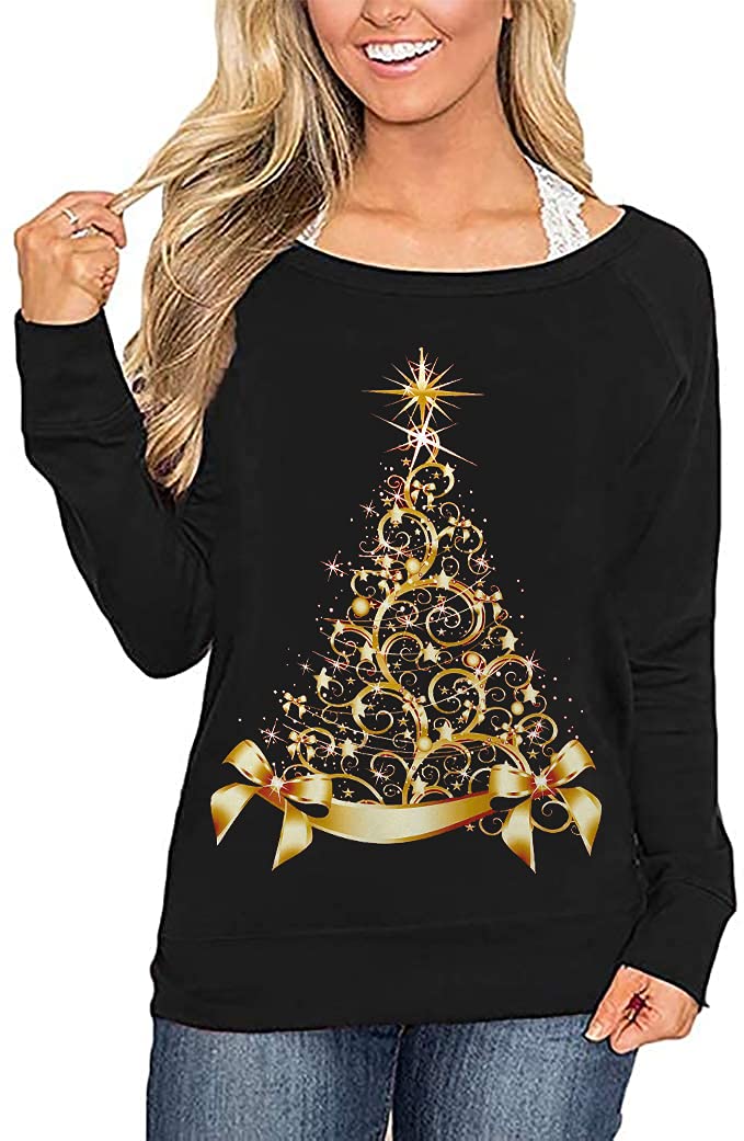 Roshop Women's Golden Tree Sweatshirt Party Celebration Family Matching Slouchy Holiday Shirt(BGT,L)