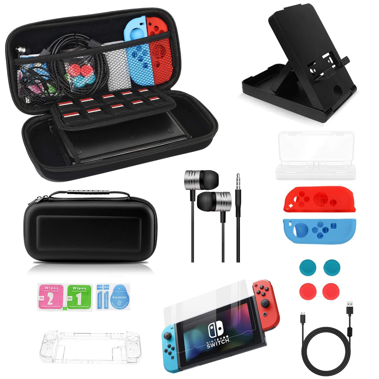 Vaparinckl Carrying Case for Nintendo Switch, Portable Protective Travel Switch Case Accessories Kit Bundle with Adjustable Stand, Games Cartridges, Clear Cover Case, Game Case, Joy-con Grips