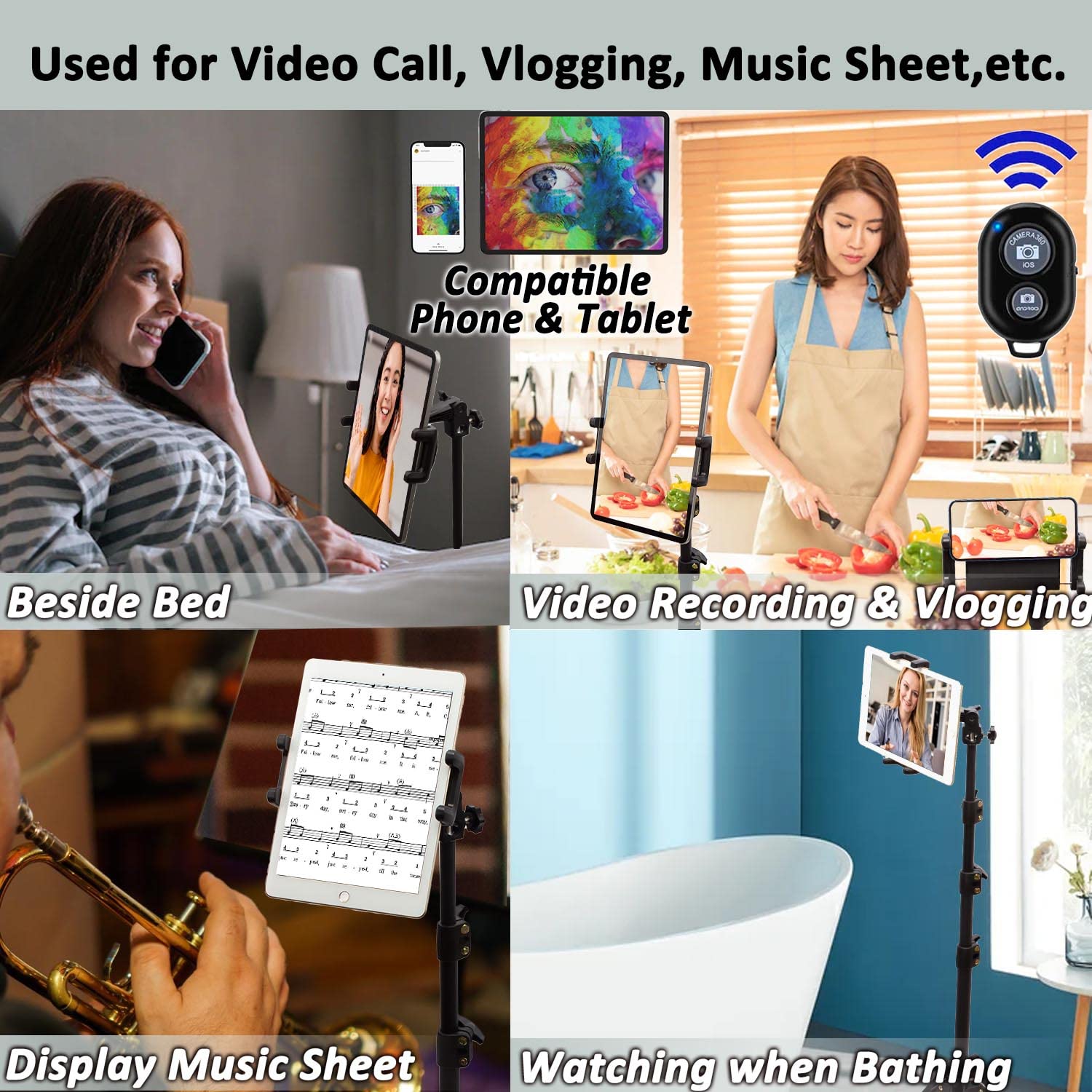 Tablet Floor Tripod, Cell Phone Floor Stand, iPad Holder Stand with Adjustable Height and 360° Rotating Tripod iPad Mount for iPad Mini Pro 12.9/9.7/11, Air, iPhone, 4.7-13" Tablet Cell Phones