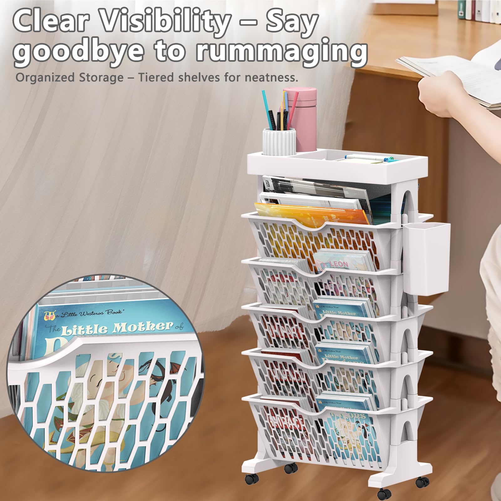 NIRIAHO 6 Tier Mobile Bookshelf, Rolling Cart Multi-Functional Movable Storage Book Shelves, Utility Cart Office Organizer White Bookshelves with Lockable Casters for Office, Dorm, Classroom