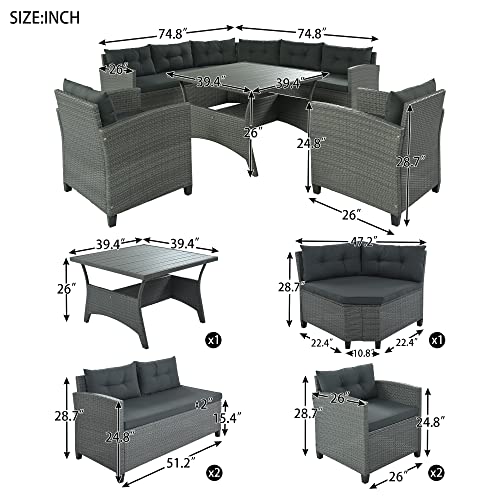 Lifeand Patio Rattan Dinning 6-Piece Outdoor Wicker Sofa Set, Gray