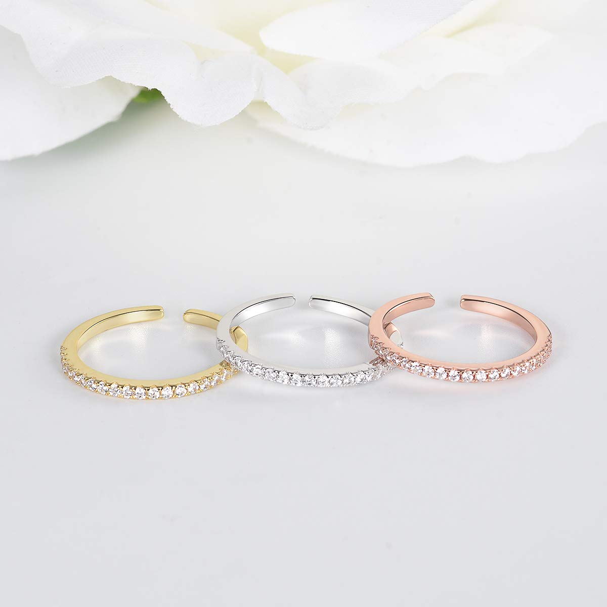 MASOP 2mm 14K Rose Gold Plated Sterling Silver Cubic Zirconia Adjustable Ring Half Eternity Stackable Open Rings Engagement Wedding Bands for Women