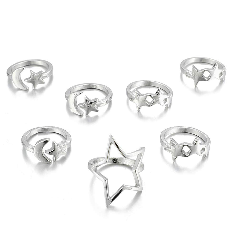 Missgrace 7PCS Silver Vintage Moon and Star Womens Knuckle Rings for Girls Stackable Joint Finger Ring Set for Women (Style 4)