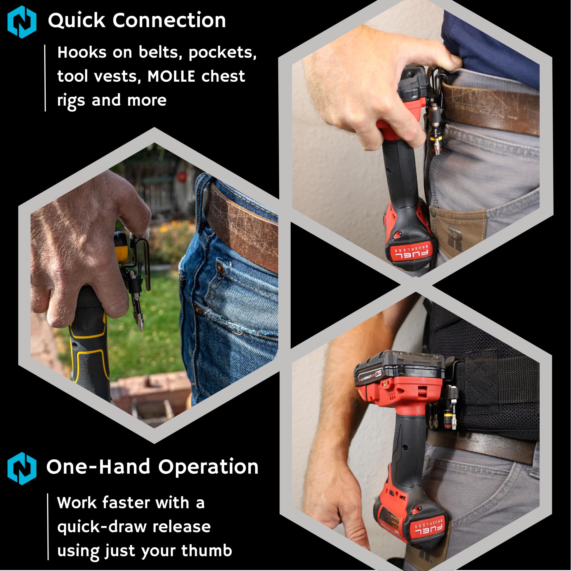 NÖHLSTER Locking Tool Clip for Cordless Drill, Impact Driver, Finish Nailer, Cordless Tools - No Holster Needed - Bit Holder Included