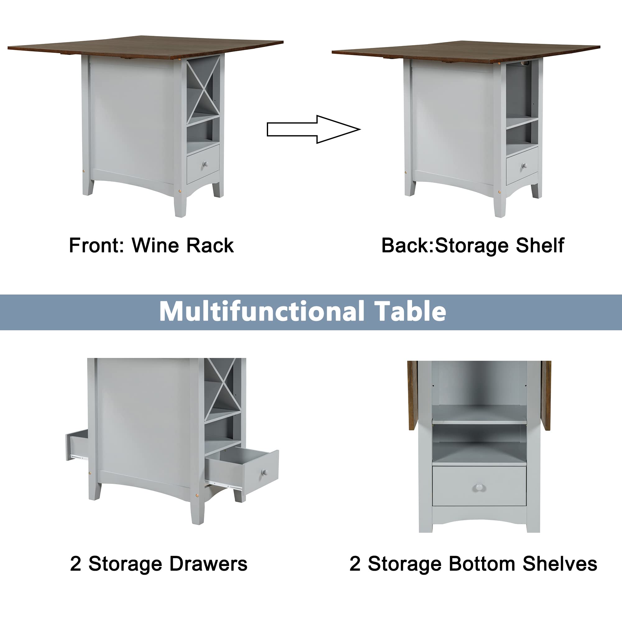 LIADTOP Set 5-Piece Farmhouse Drop Leaf 4 Counter Height Dining Chairs, Bar Table with Storage Shelf and Drawers for Kitchen, Breakfast Nook,Cherry+Gray