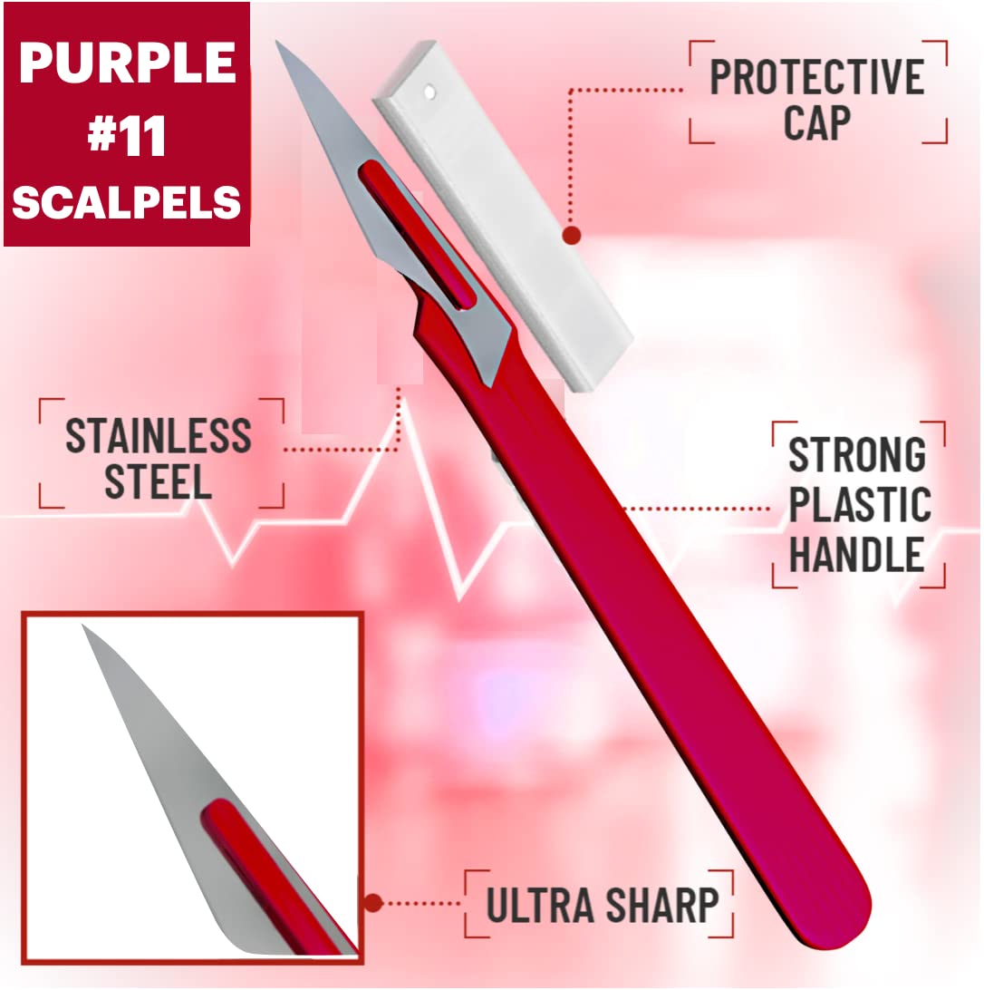 MedHelp Disposable Scalpel 11, Pack of 20 Dermaplaning Tool for Face with Burgundy Plastic Handle, Scalpel Blades #11, High Carbon Steel ● Box of 20