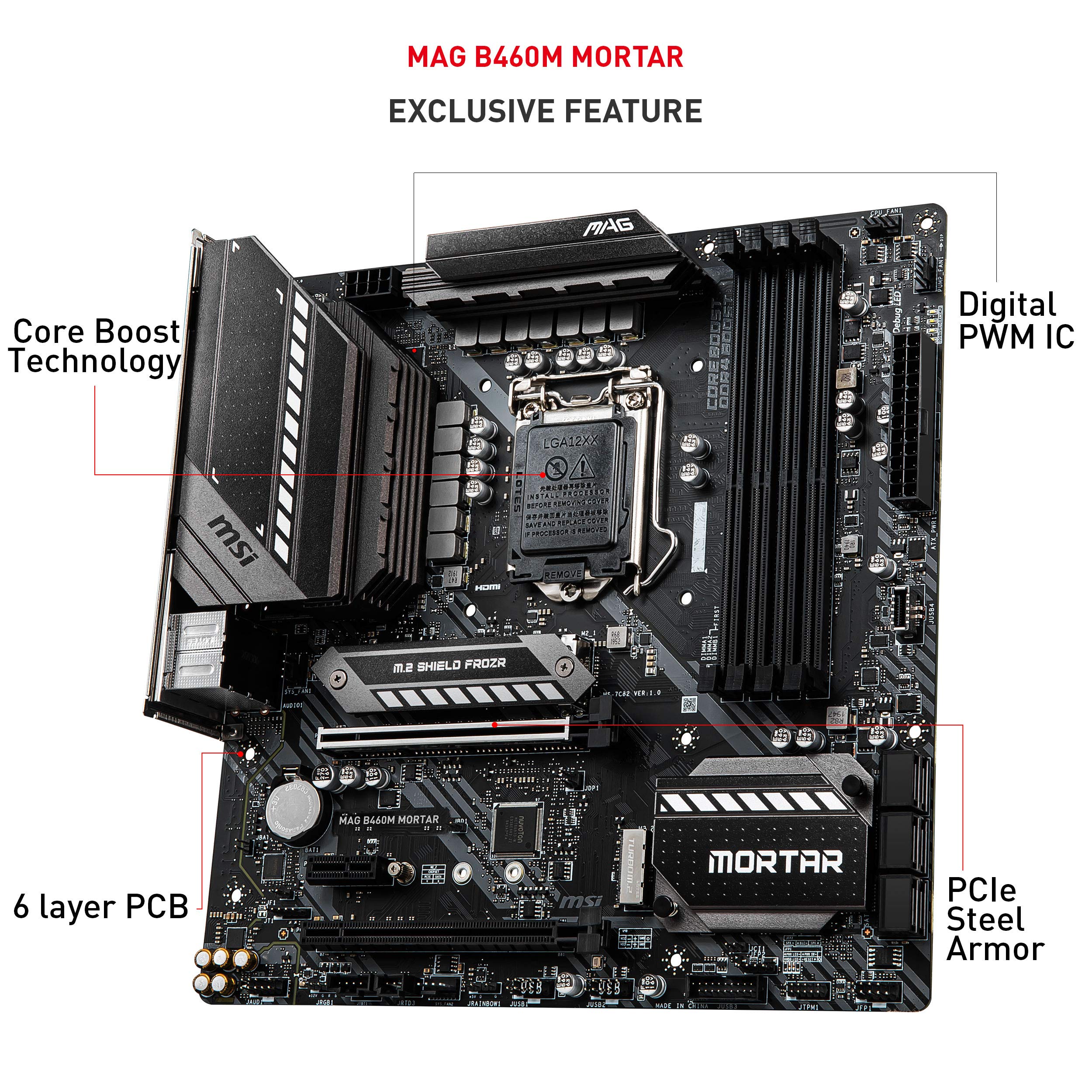 MSI MAG B460M Mortar Gaming Motherboard (mATX, 10th Gen Intel Core, LGA 1200 Socket, DDR4, CFX, Dual M.2 Slots, USB 3.2 Gen 1, 2.5G LAN, DP/HDMI)