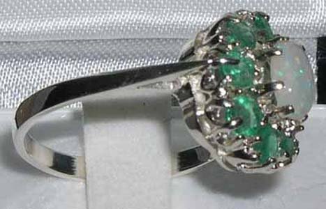 LetsBuyGold 10k White Gold Natural Opal and Emerald Womens Cluster Ring - Size 8.75