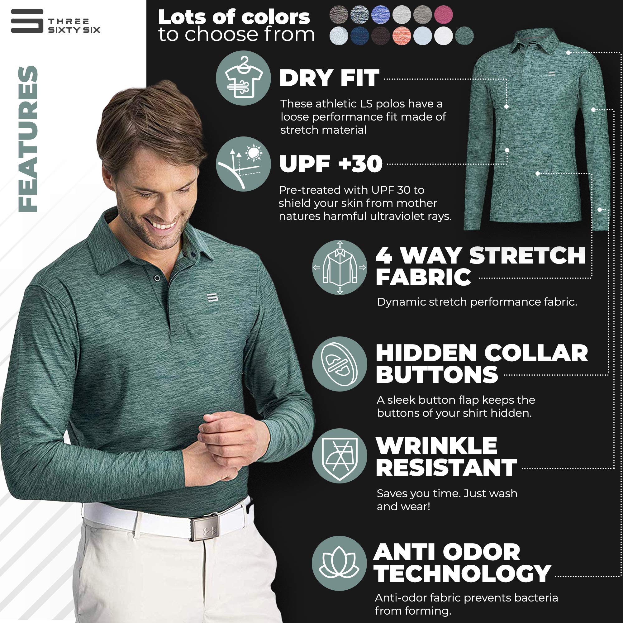 Men's Dry Fit Long Sleeve Golf Shirt - Quick Dry Polo Shirts - UPF 30, Stretch Fabric Magenta