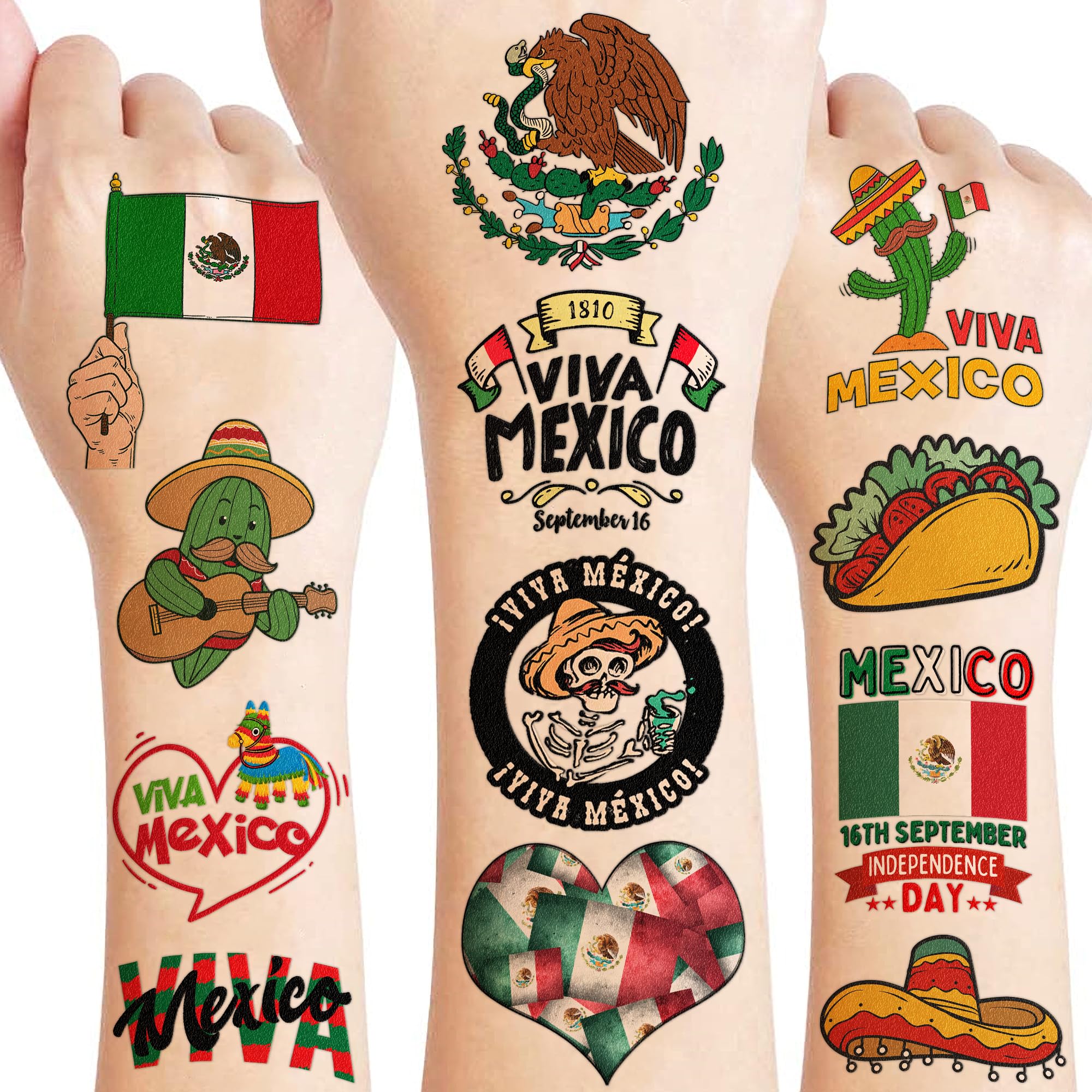 Mexican Temporary Tattoos Mexican Independence Day Sticker Mexican Flag for Kids Adults Themed Decorations Party Favors Supplies 96PCS Tattoo Mexico Boys Girls Gifts Ideal School Prizes Holiday