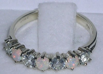 LetsBuyGold 14k White Gold Natural Opal & Aquamarine Womans Eternity Ring - Size 4.25