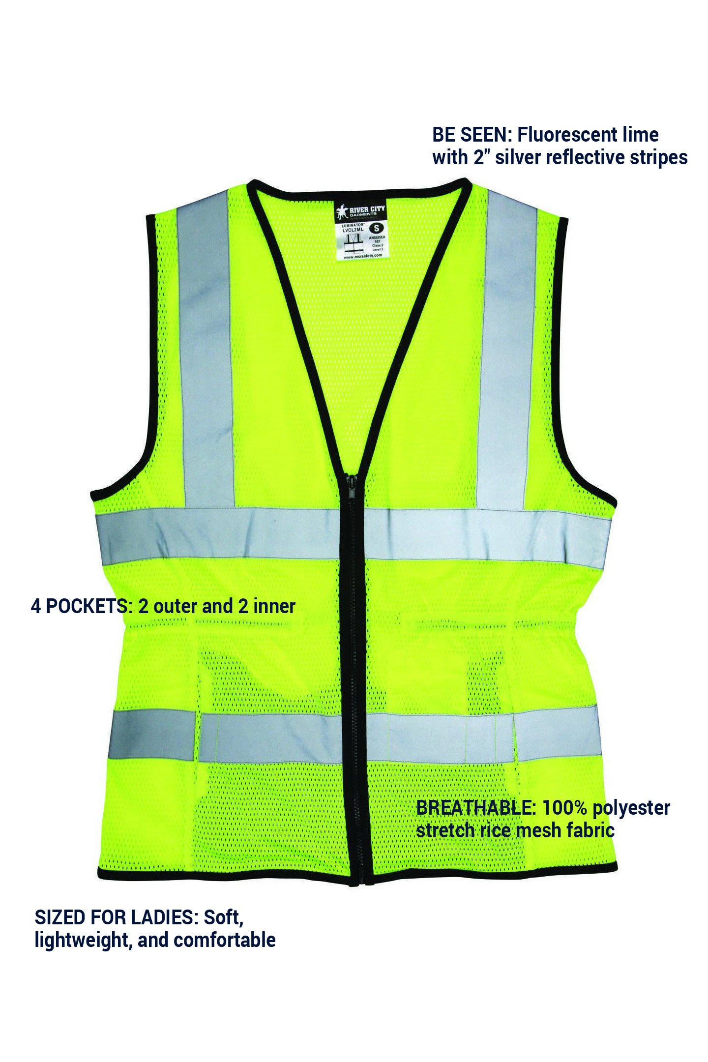 MCR Safety LVCL2MLM Ladies Sized Class 2 Lightweight Safety Vest, Silver Reflective Stripe, Zipper Front, Lime, Medium