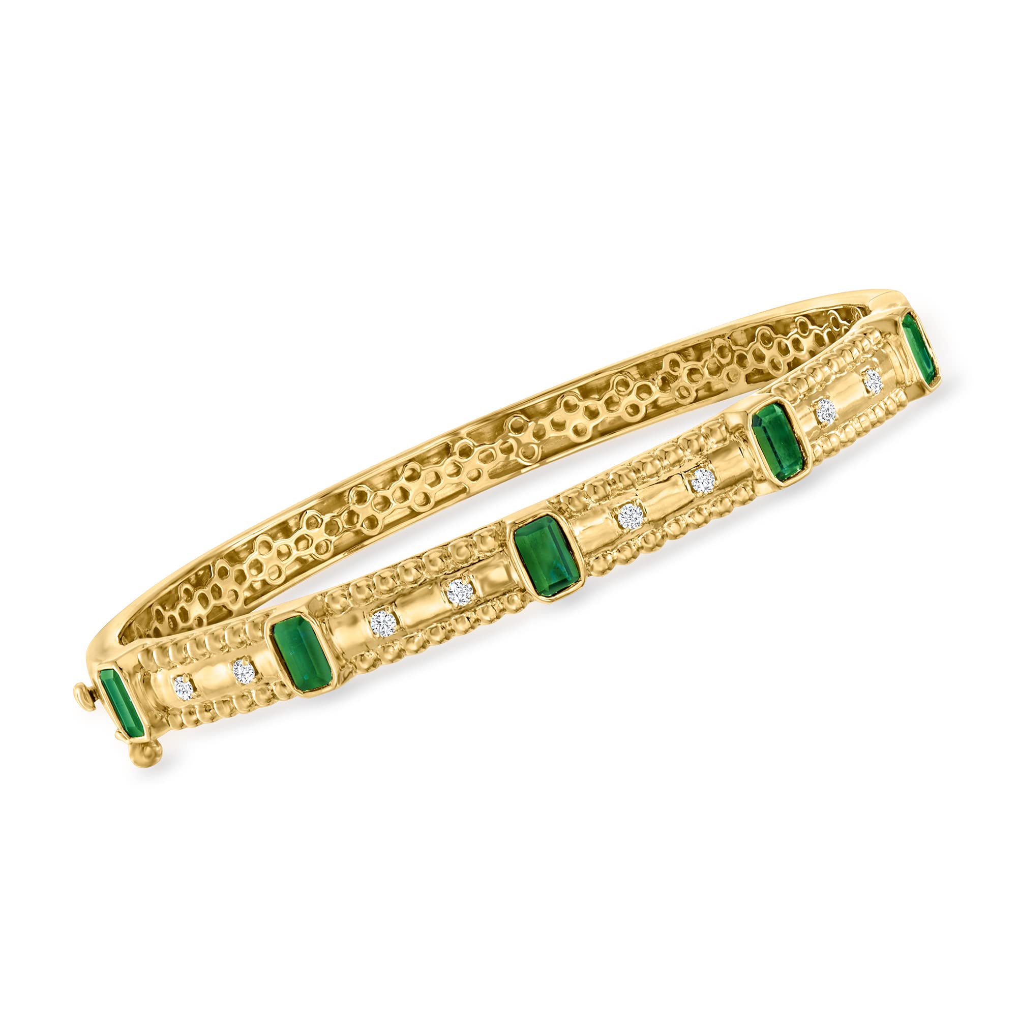 Ross-Simons 1.40 ct. t.w. Emerald and .15 ct. t.w. Diamond Bangle Bracelet in 18kt Gold Over Sterling. 7 inches