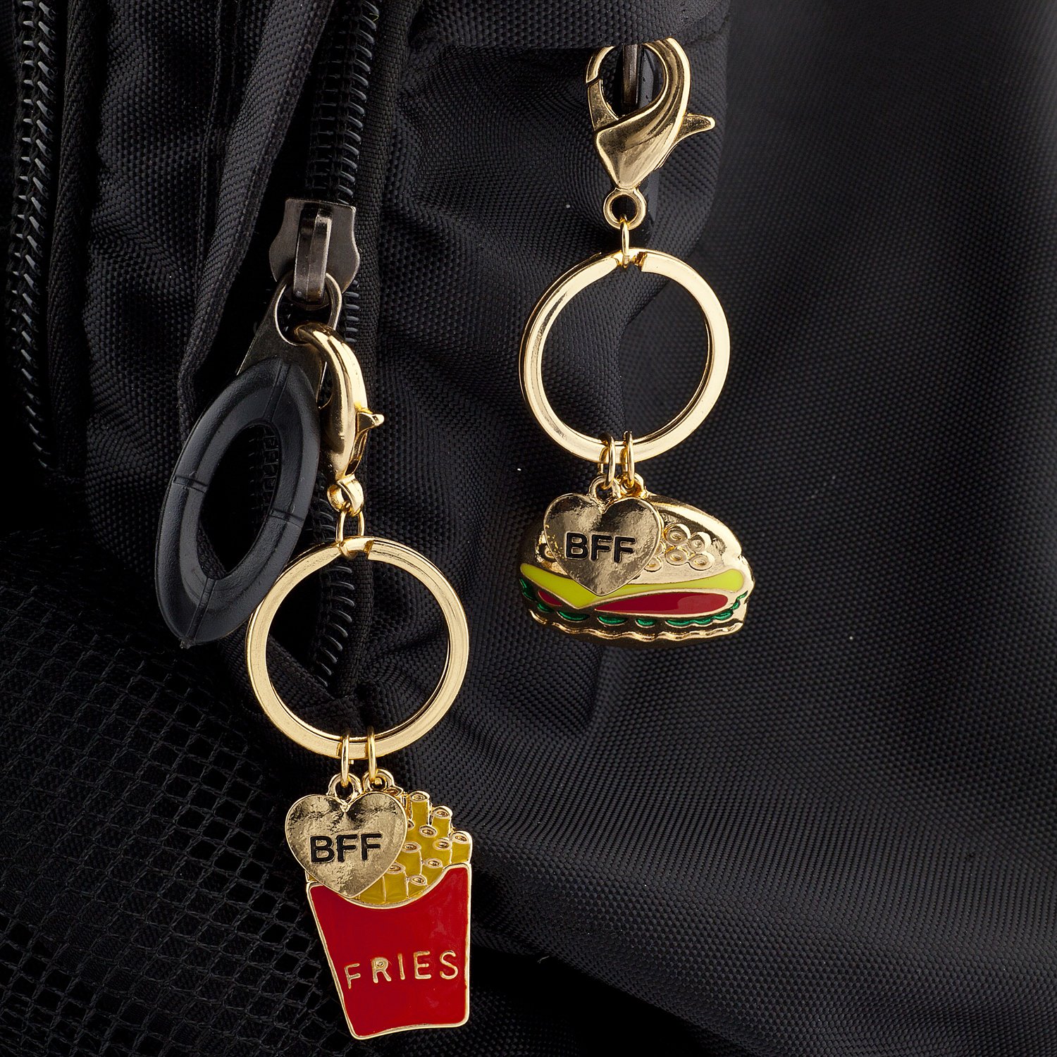 LUX ACCESSORIES Gold Tone Burgers Fries Best Friends BFF Charm Keychain Set