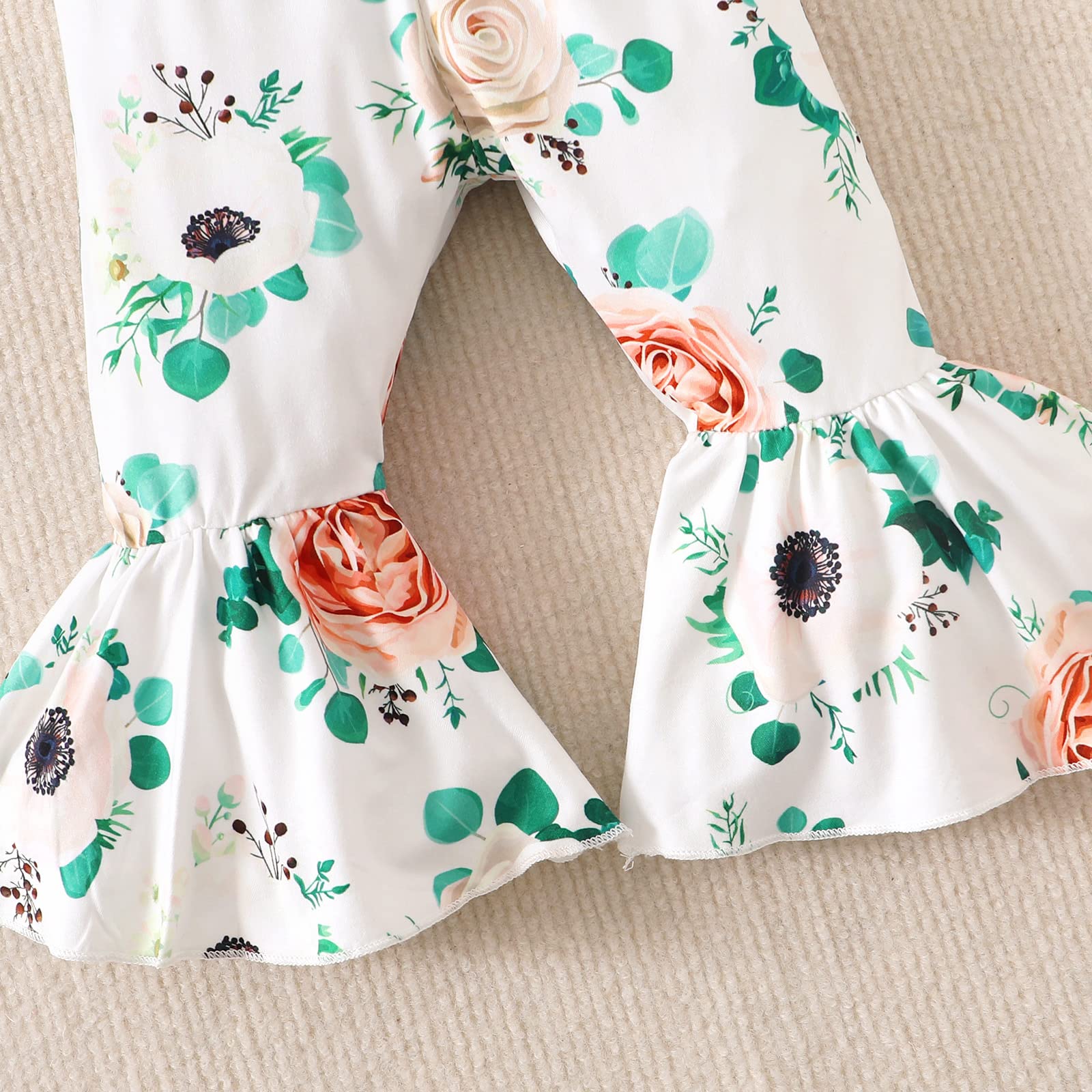 VOLUOVO Newborn Infant Baby Girl Clothes Daisy Mesh Patchwork Lace Puff Sleeve Romper Top Flared Pants Headband Outfit Set(GreenHighCollar/70)