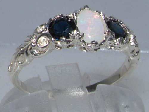 LetsBuyGold 925 Sterling Silver Natural Opal and Sapphire Womens Promise Ring - Size 9.5