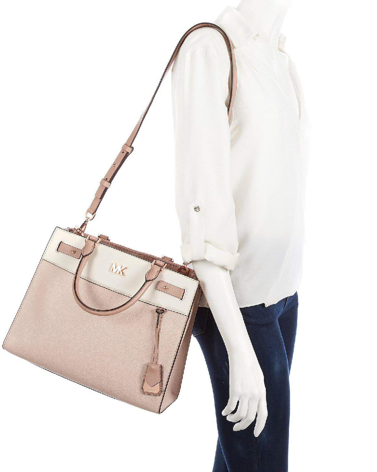 MICHAEL Michael Kors Reagan Large Leather Satchel Bag, Soft Pink Light Cream Fawn