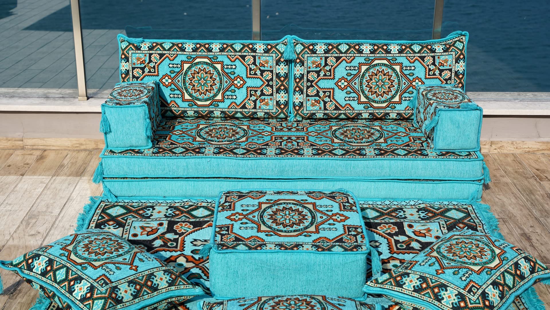 Turquoise Arabic Living Room, Moroccan Home Decor, Floor Cushion, Arabic Floor Couch, Turkish Floor Sofa, Ethnic Sofa, Arabic Sofa Seating (Sofa Full Set)