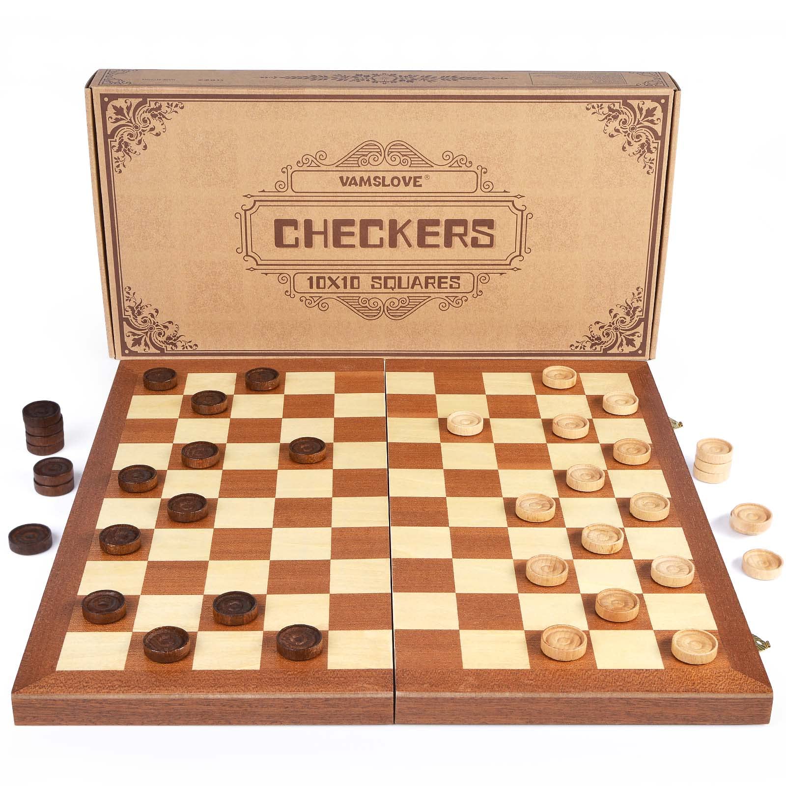 VAMSLOVE 15inch Checkers Folding Wooden Game Set, 100 Square Checkerboard International Checkers Draughts Board 10x10 for Kids with Pieces Storage Slots (Instructions Included)