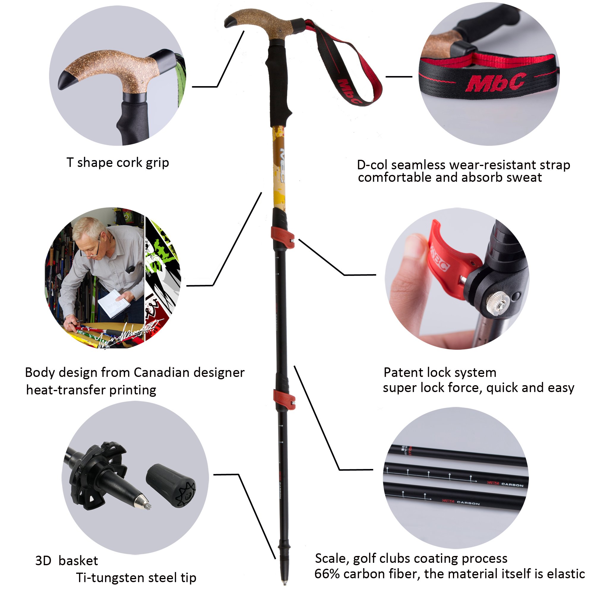 MBC T Shape Carbon Fiber Trekking Pole with High Cork Grip, Ultralight Walking Stick for Hiking, Camping