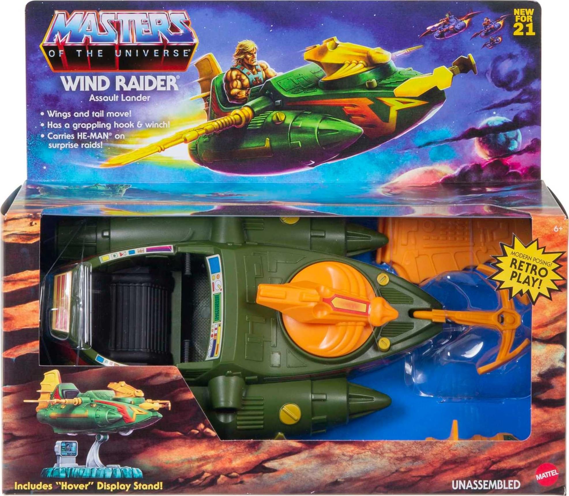 Masters of the Universe Origins Wind Raider Vehicle with Tow Hook, Retractable Cable & Display Stand for Motu Storytelling Play and Display, Gift for Kids Age 6 Years and Older
