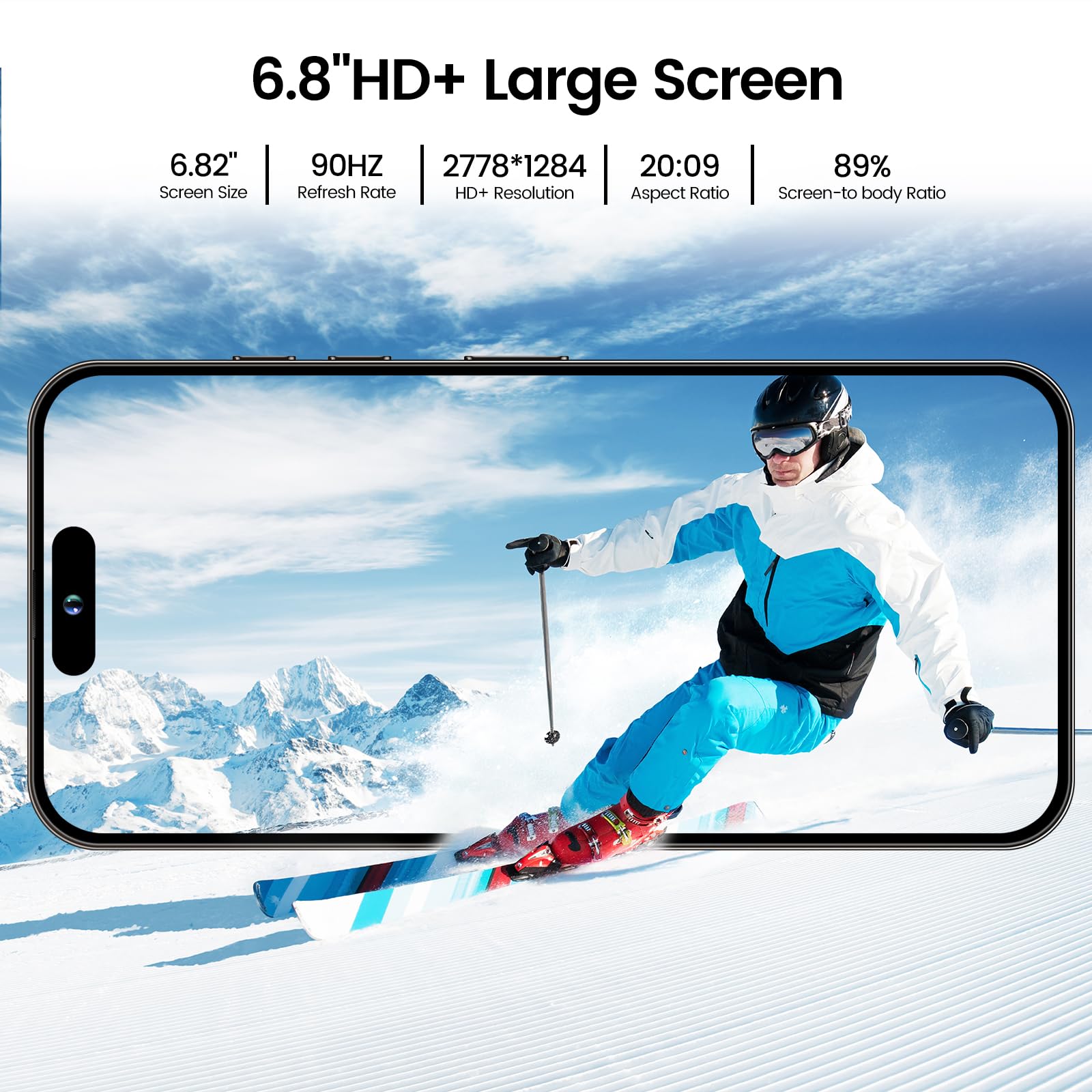luckeu A14 Pro Max 5G Unlocked Cell Phone, Android 13 Smartphone 6.9 Inch FHD+ 90Hz Screen 6000mAh Battery, 6GB+256GB Octa-Core, 64MP/24MP AI Camera Mobile Phone, Dual SIM with GPS/Face ID - Black