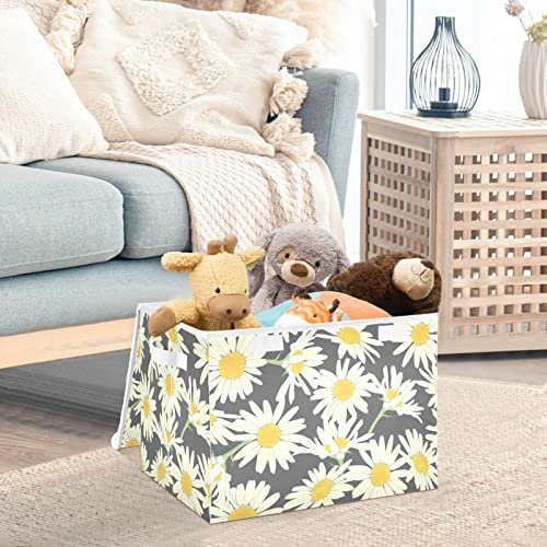 ZRWLUCKY Floral Pattern Camomile Cute White Storage Bins with Lids and Handle Durable Collapsible Storage Container Bin for Playroom, Office, Kids, Nursery