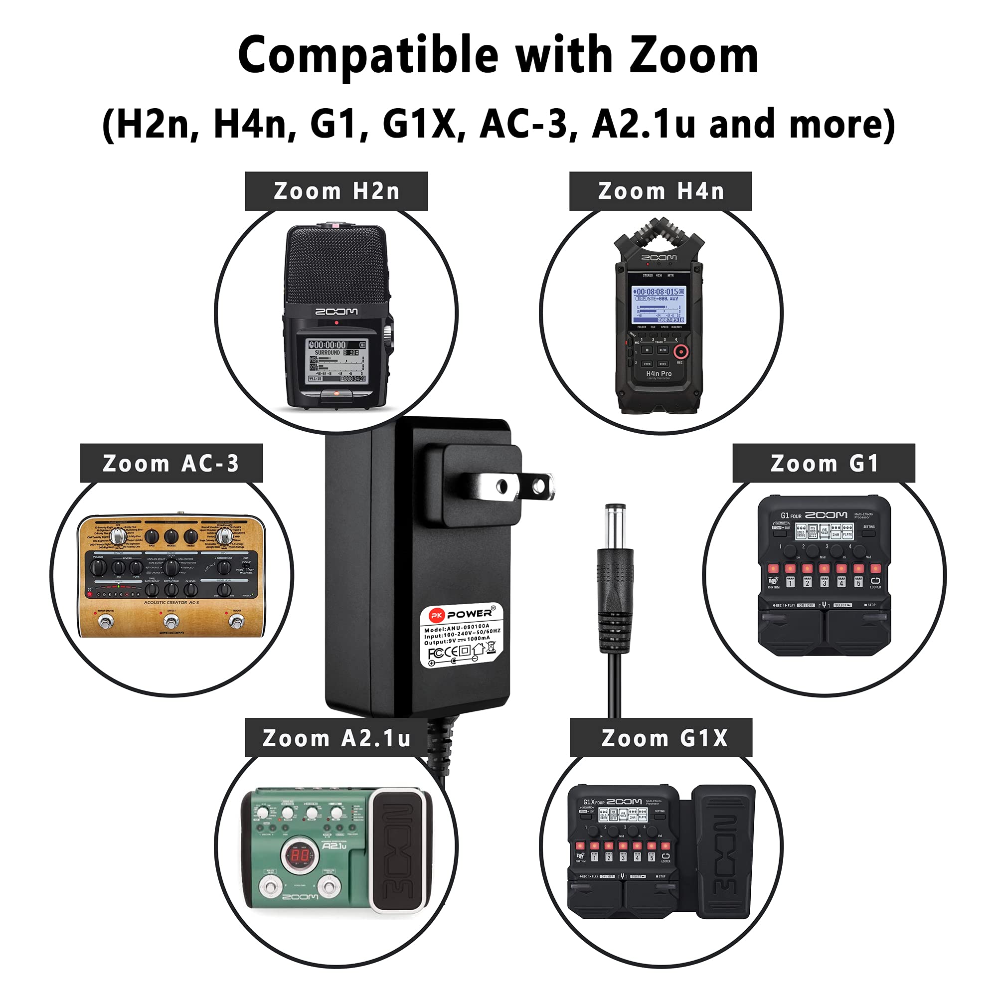 PKPOWER AC Adapter for Zoom AD-16 AD-16A, Power Supply for G1 G1X G1N G1XN G1Xon Power H2 H4 Handy Recorder, Boss Guitar Effects Pedal Power Supply Adapter Charger
