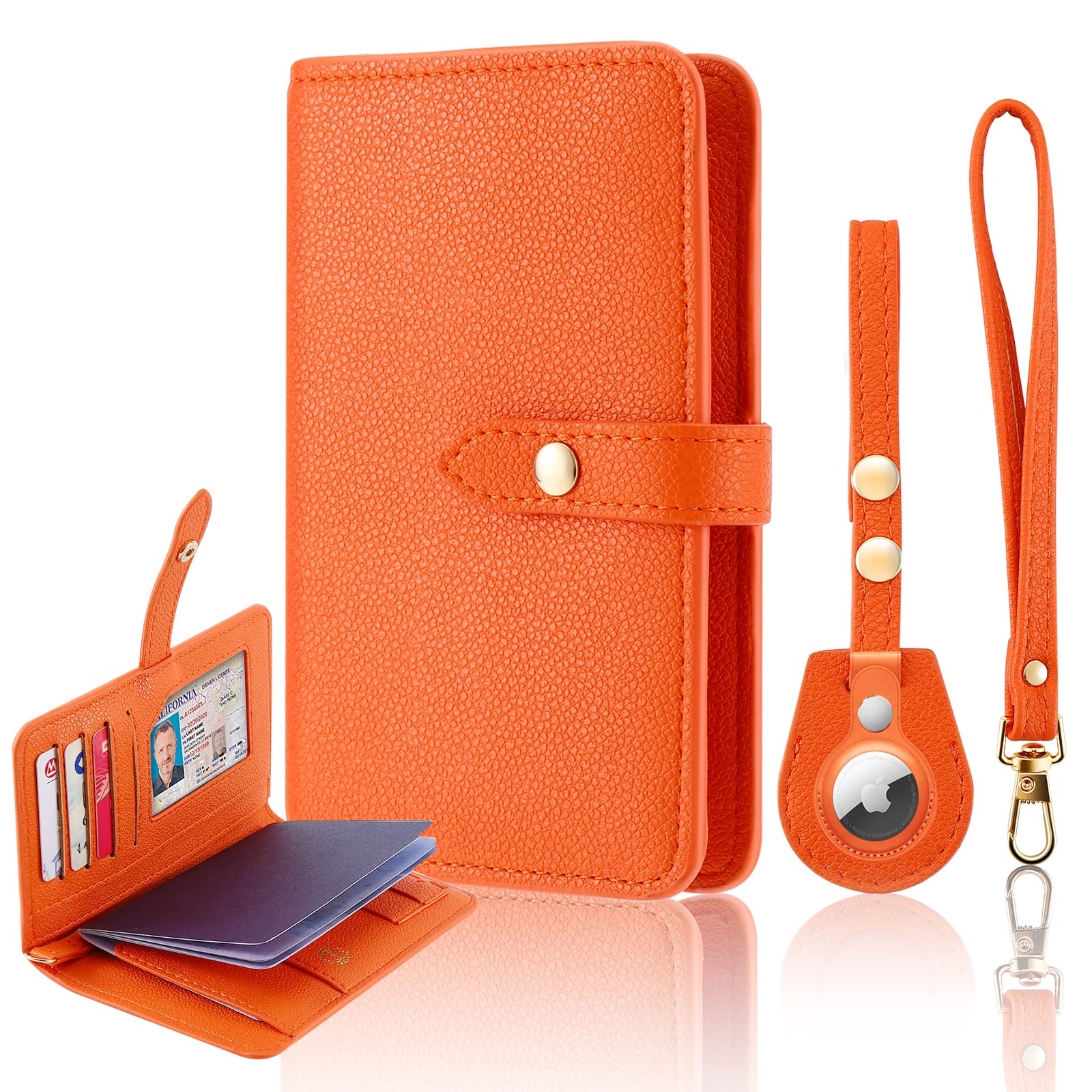 Small Womens Wallet Airtag RFID Blocking Leather – Holds Two Passports for Travel–Compact Bifold Clutch Credit Card Case with ID Window,Wrist Strap - Awesome Anniversary,Birthday Gift Choice - Orange