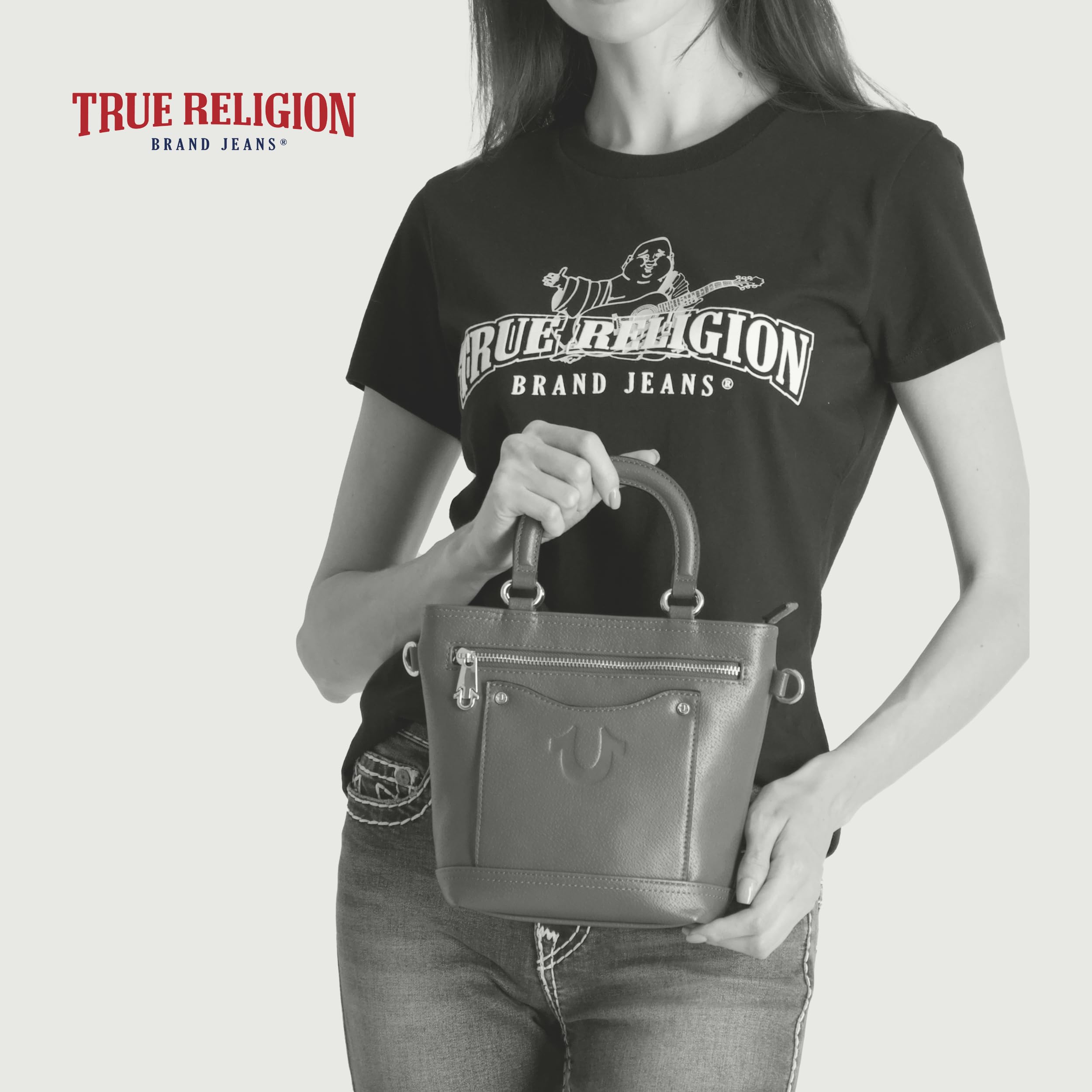 True Religion Women's Shoulder Bag Purse, Adjustable Crossbody Handbag with Horseshoe Logo Zipper, White