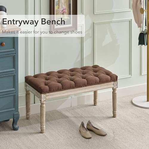 LOULENS French Vintage Bench, Linen Fabric Entryway Bench, Upholstered Tufted End of Bed Bench with Brushed Wood Legs, Dark Grey