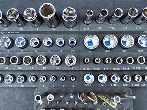 ToolGear Socket Organizer, Easy to Read Size labels, 80 sockets w/added 50 hex bit holder, both deep & standard sockets, metric & standard, 3/8 and 1/4 inch drive socket holder, tool organizer trays