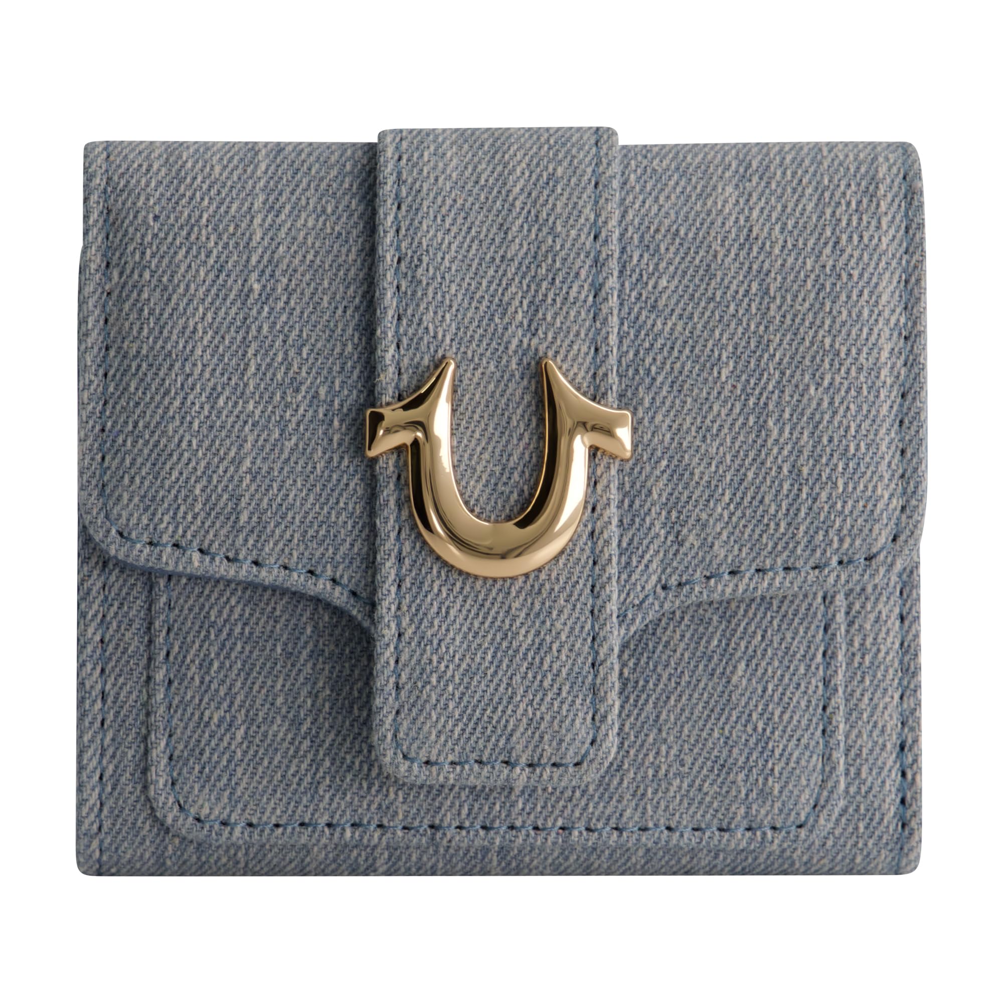 True Religion Women's Mini Wallet, Horseshoe Logo Small Compact Trifold Clutch Purse, Brown