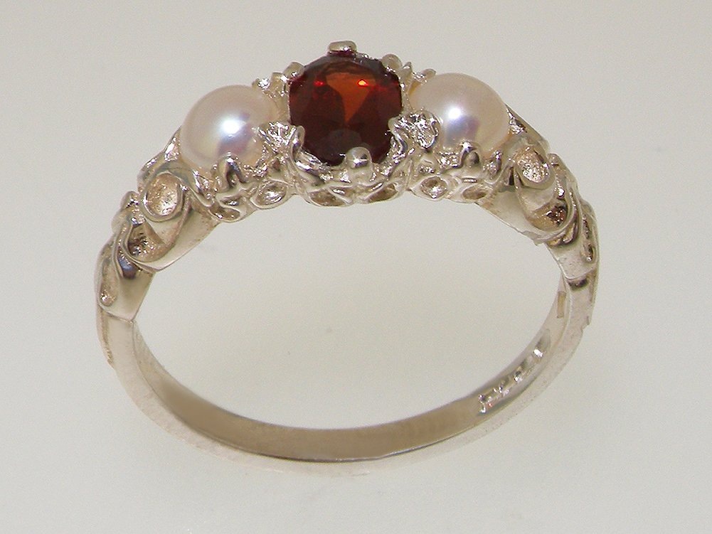 LetsBuyGold 925 Sterling Silver Real Genuine Garnet & Cultured Pearl Womens Band Ring - Size 12