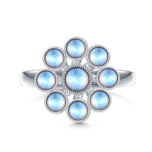 PLATYCO Moonstone Ring for Women 925 Sterling Silver Round Moonstone Rings Moonstone 9 Stone Engagement Rings (10)