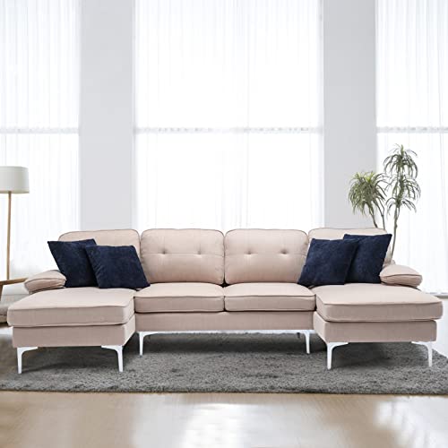 Zugoni 110''Sectional Sofa U Shaped Sectional Couch, Large Sectional Couches with Tufted for Living Room, Comfy Soft Chaise Sectional Sofas, Modern Linen Sectionals with 4 Free Throw Pillows, Beige