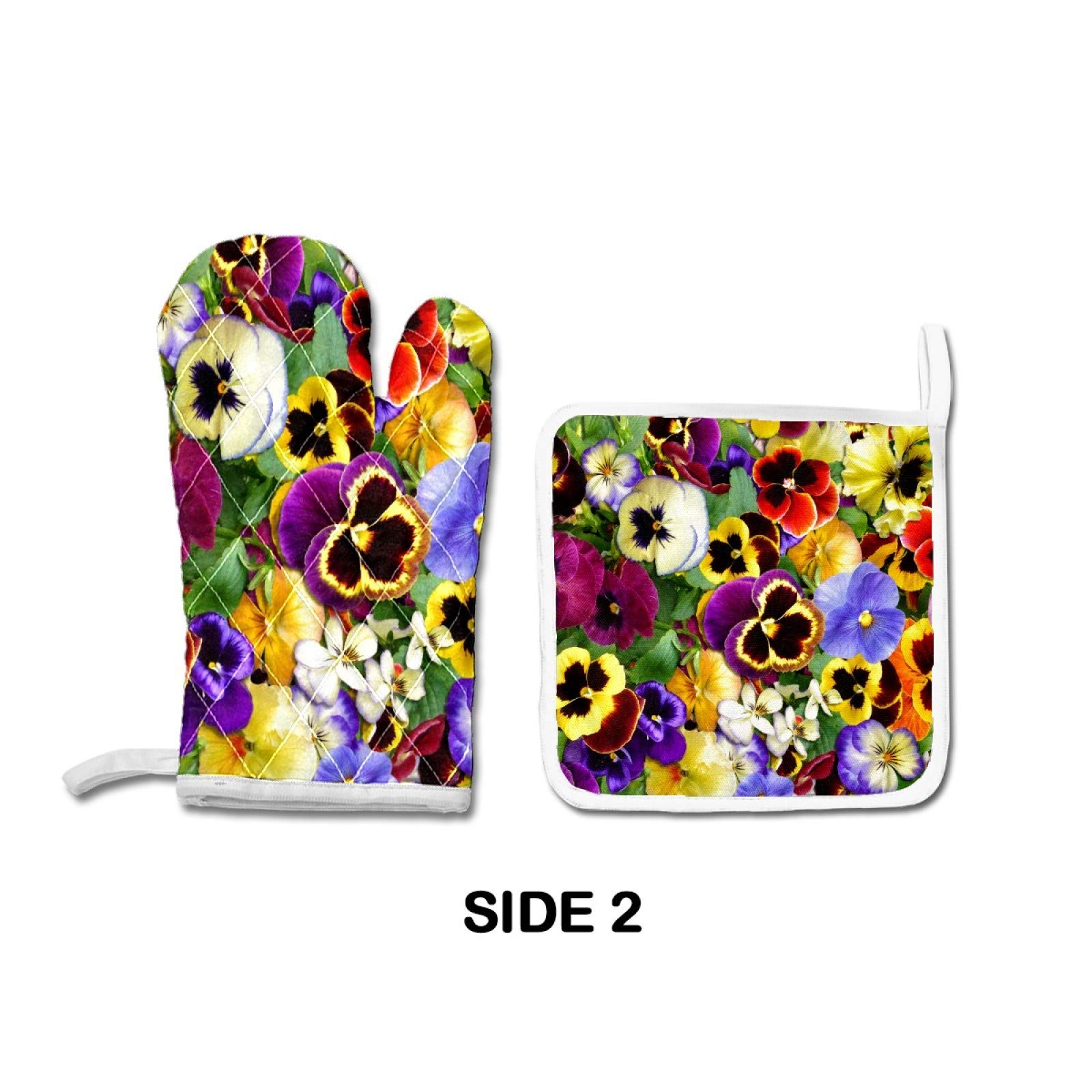 Oven Mitts and Pot Holders Set,Oven Glove Cooking Mitts Hot Pad,Flower Pansies Heat Resistant Kitchen Cooking Mitts Gift for Baking Grilling