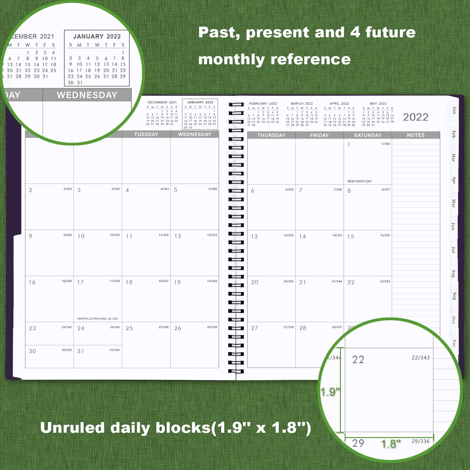 Monthly Planner 2022-2023 - 18-Month Planner with Tabs, Pocket, Label, Contacts and Passwords, 8.5" x 11", Jan. 2022 - Jun. 2023, Twin-Wire Binding - Purple by Artfan