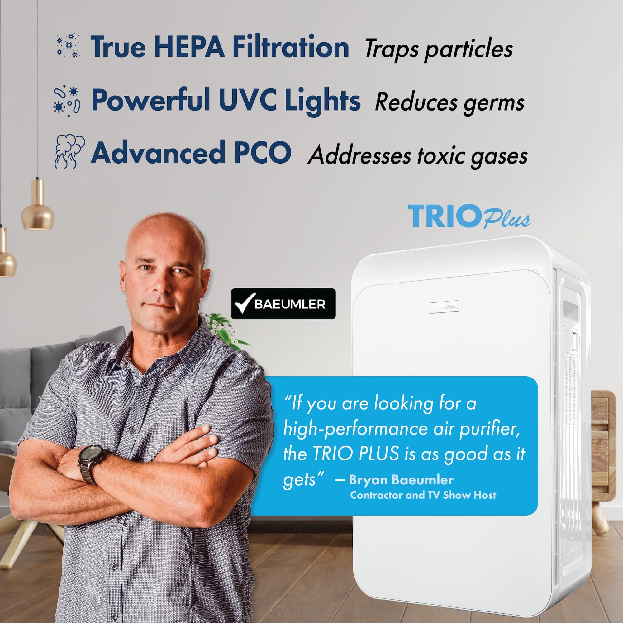 TRIO PLUS 5-Stage HEPA Air Purifier with UVC, PCO, Carbon, Air Quality Sensor, & Auto Function β Covers Up to 3,300 Sq. Ft.