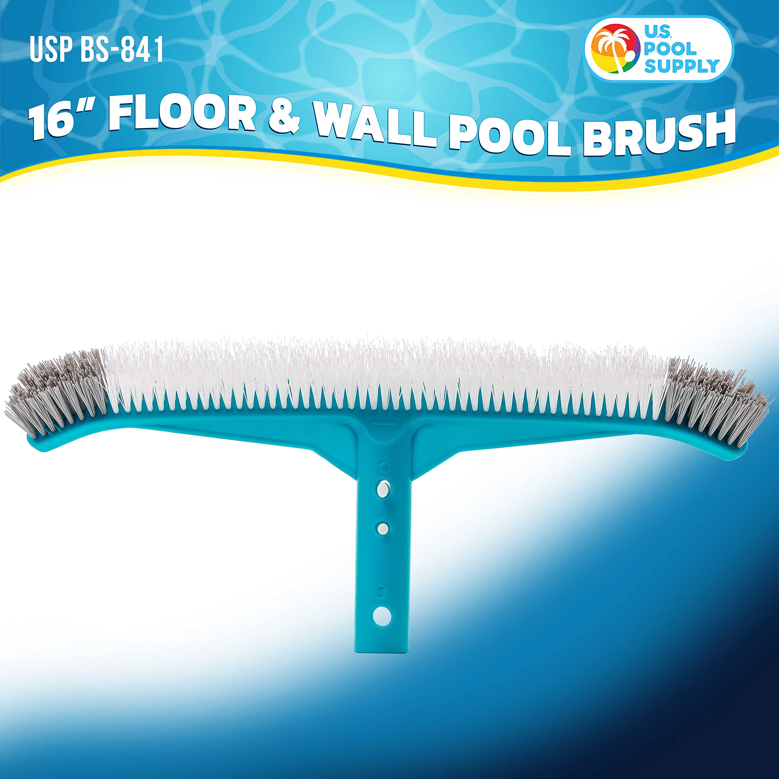 U.S. Pool Supply Professional 16" Floor & Wall Pool Brush with Nylon Bristles, Curved Ends, EZ Clip Handle - Cleaning Removing Sweeping Leaves & Debris from Walls, Floors, Steps - Pool Maintenance