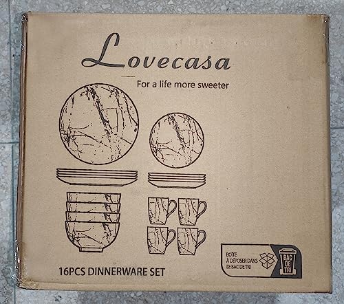 LOVECASA Black Dish Set for 8, 32 Piece Porcelain Dinnerware Sets Plates and Bowls Sets, Gold Splash Glaze Round Dinner Plates, Stylish and Modern Dinner Set with Mugs, Dishwasher & Microwave Safe