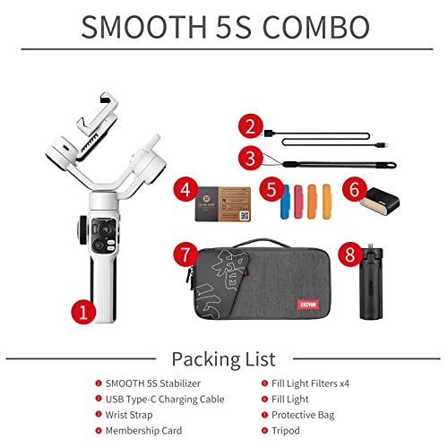 Zhi yun Smooth 5S Combo White 3-Axis Gimbal Stabilizer for Smartphone iPhone,with Magnetic Fill Light,Carrying Bag (Smooth 5 Upgrade)